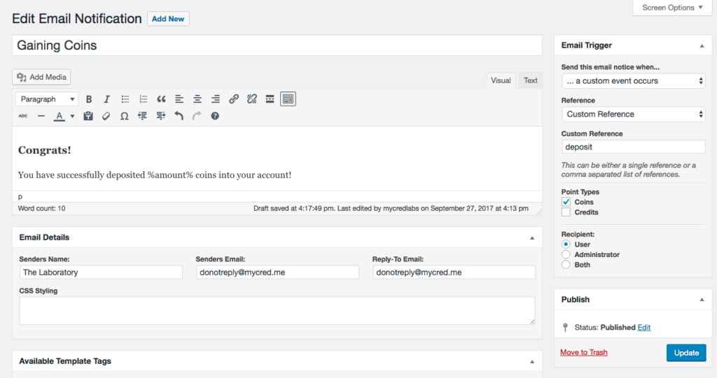 myCred 1.8 Email Notifications | Guide